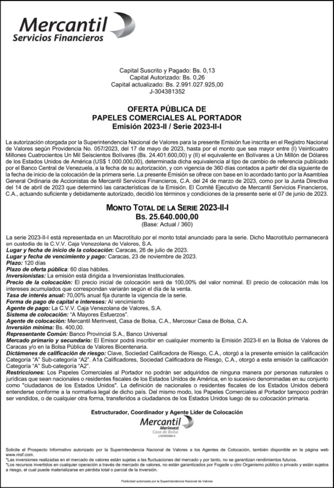 Oferta Pública de Papeles Comerciales Mercantil MSF Emisión 2023-II ...