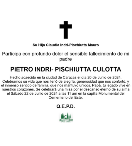 Obituario Pietro Indri-Pischiutta Culotta - EL NACIONAL