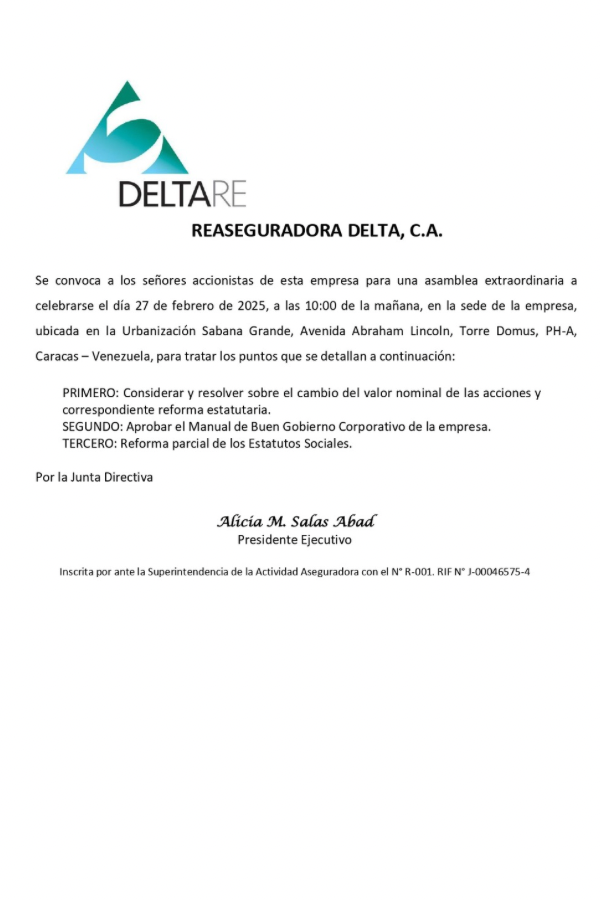 Convocatoria Asamblea Extraordinaria Reaseguradora Delta, C.A. - EL NACIONAL
