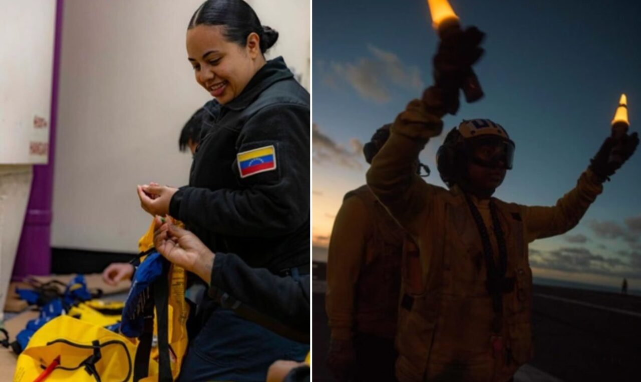La suboficial del USS Gerald R. Ford que lleva la bandera de Venezuela
